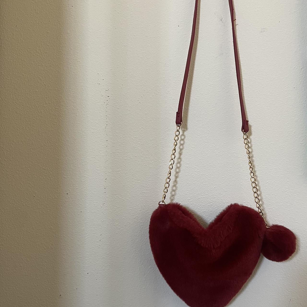 cute red fuzzy heart purse with gold... - Depop