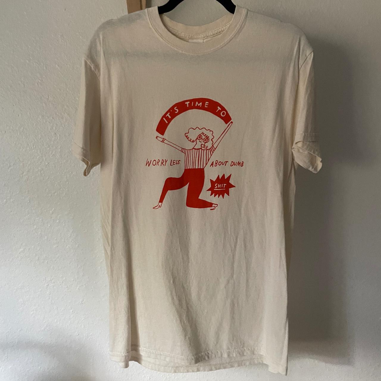 Cream Graphic T-Shirt "It's time to stop worrying... - Depop