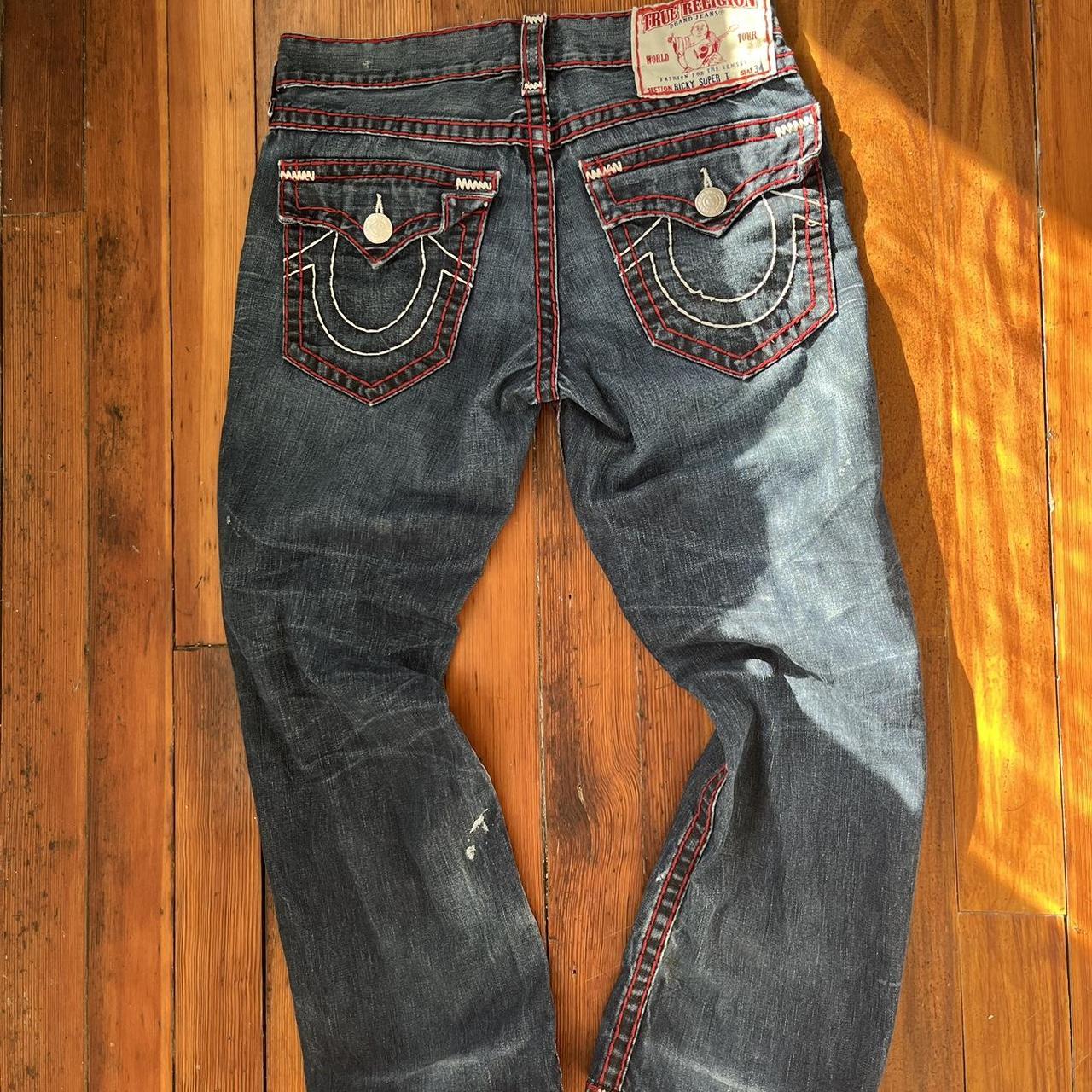 True Religion red stitch super Ricky T jeans, red... - Depop