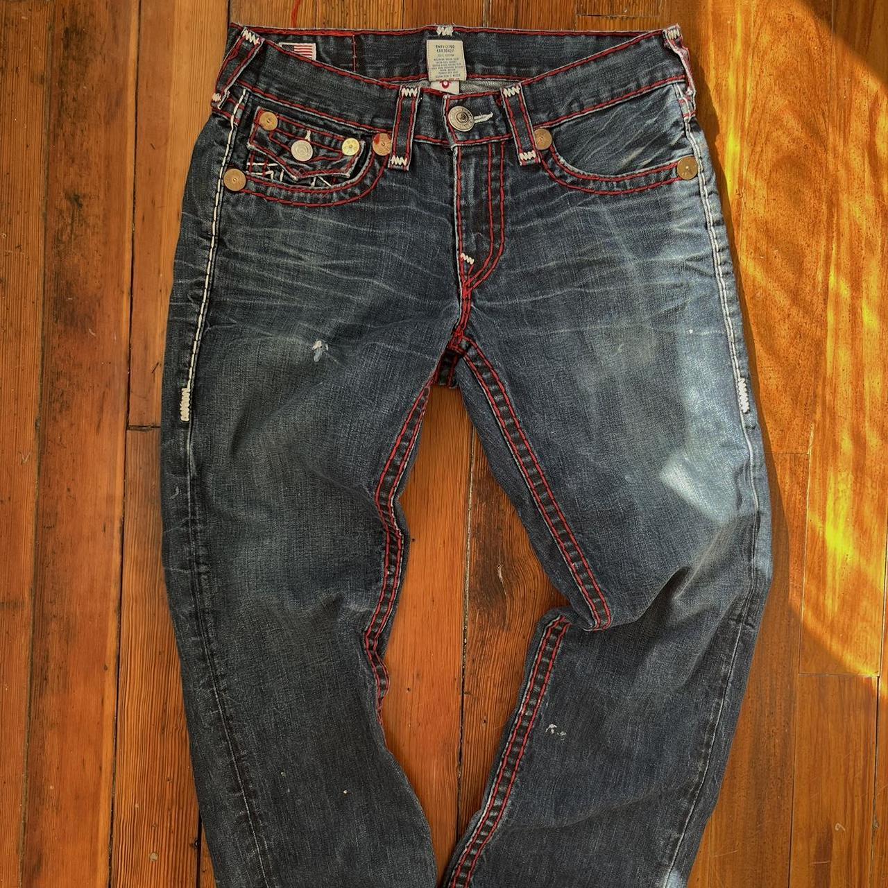 True Religion red stitch super Ricky T jeans, red... - Depop