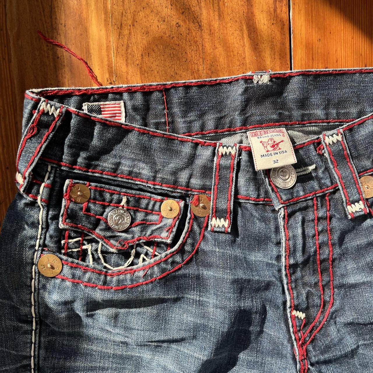 True Religion red stitch super Ricky T jeans, red... - Depop