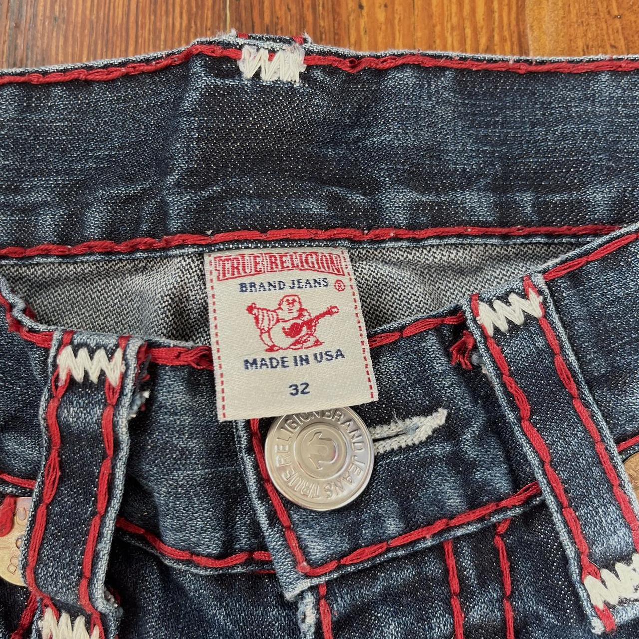 True Religion red stitch super Ricky T jeans, red... - Depop
