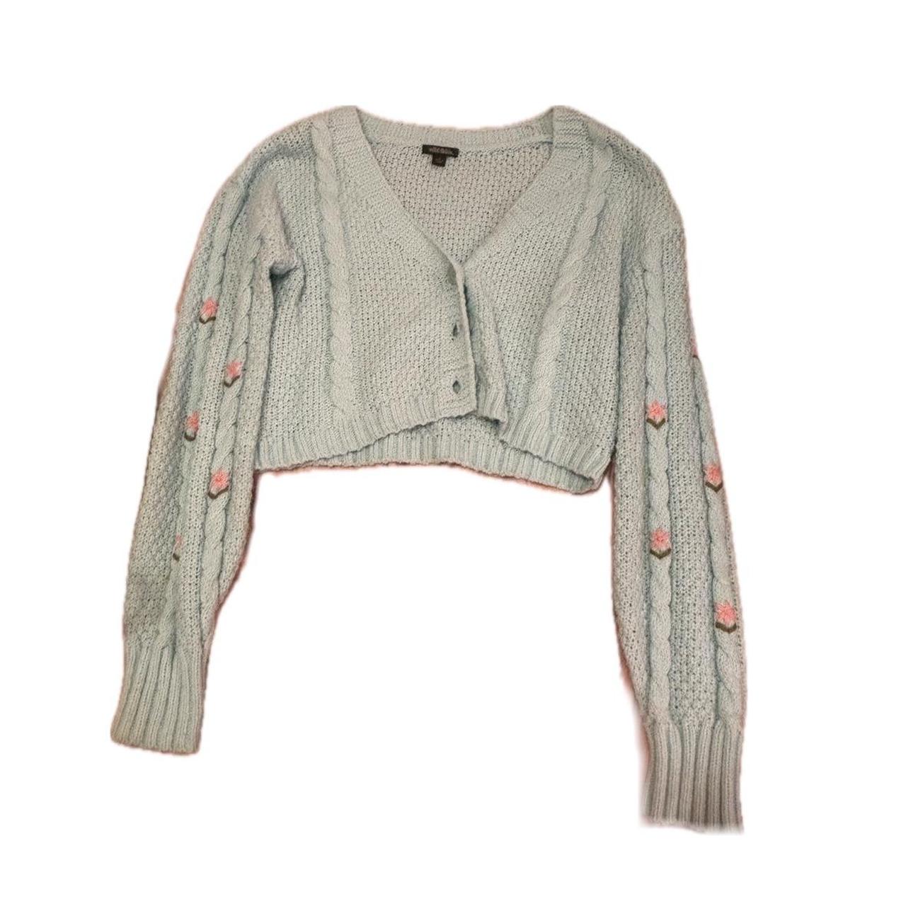 cute turquoise cropped cardigan with pink... - Depop