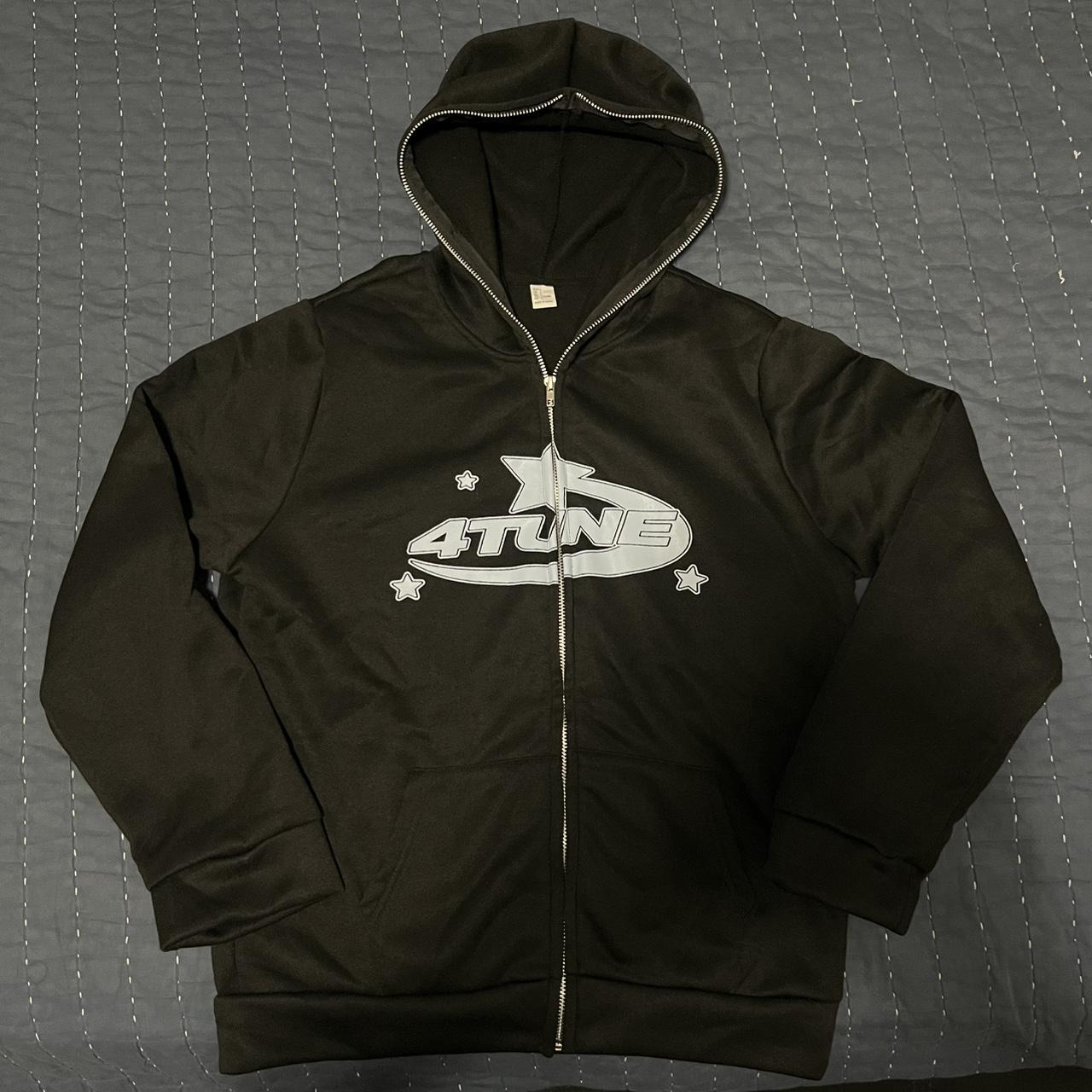 4Tune zip up hoodie in black and white -Size L RUNS... | Depop