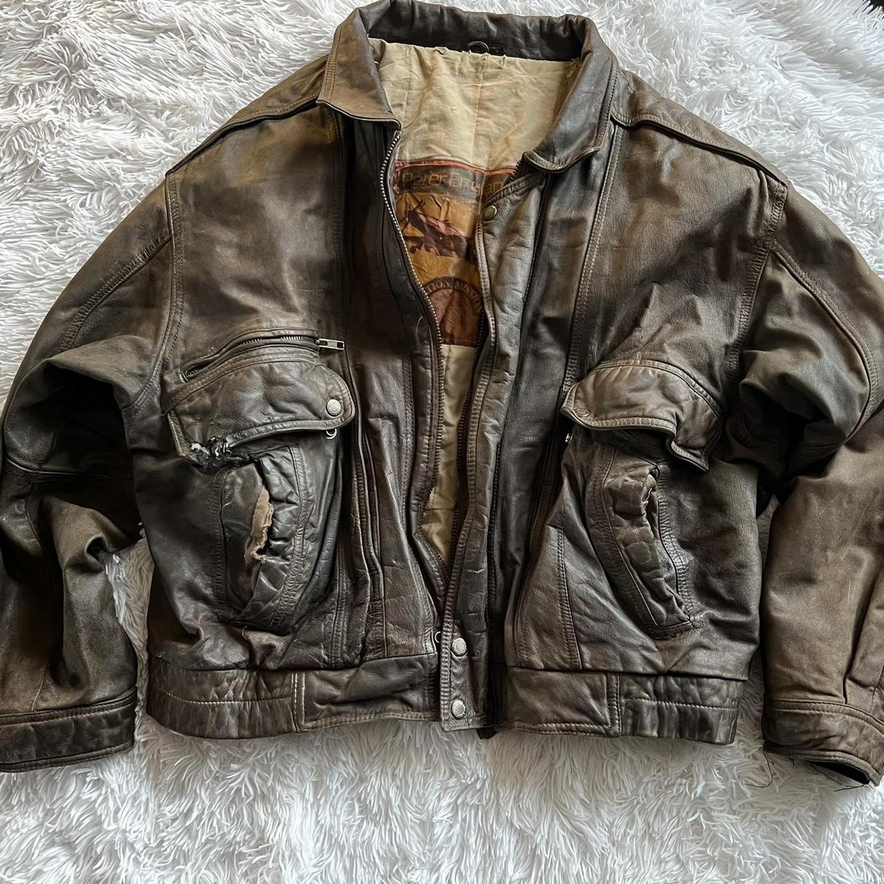 brown distressed leather bomber jacket xxl peter... - Depop