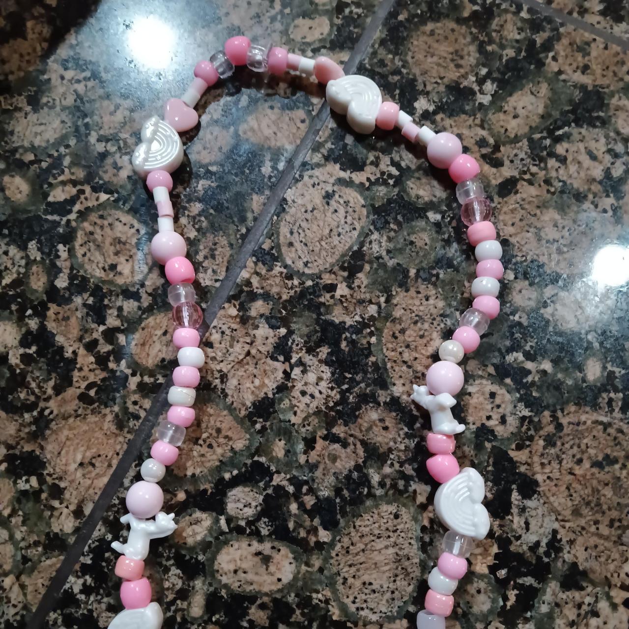 kandi necklace perler beads pink and white emo scene... - Depop