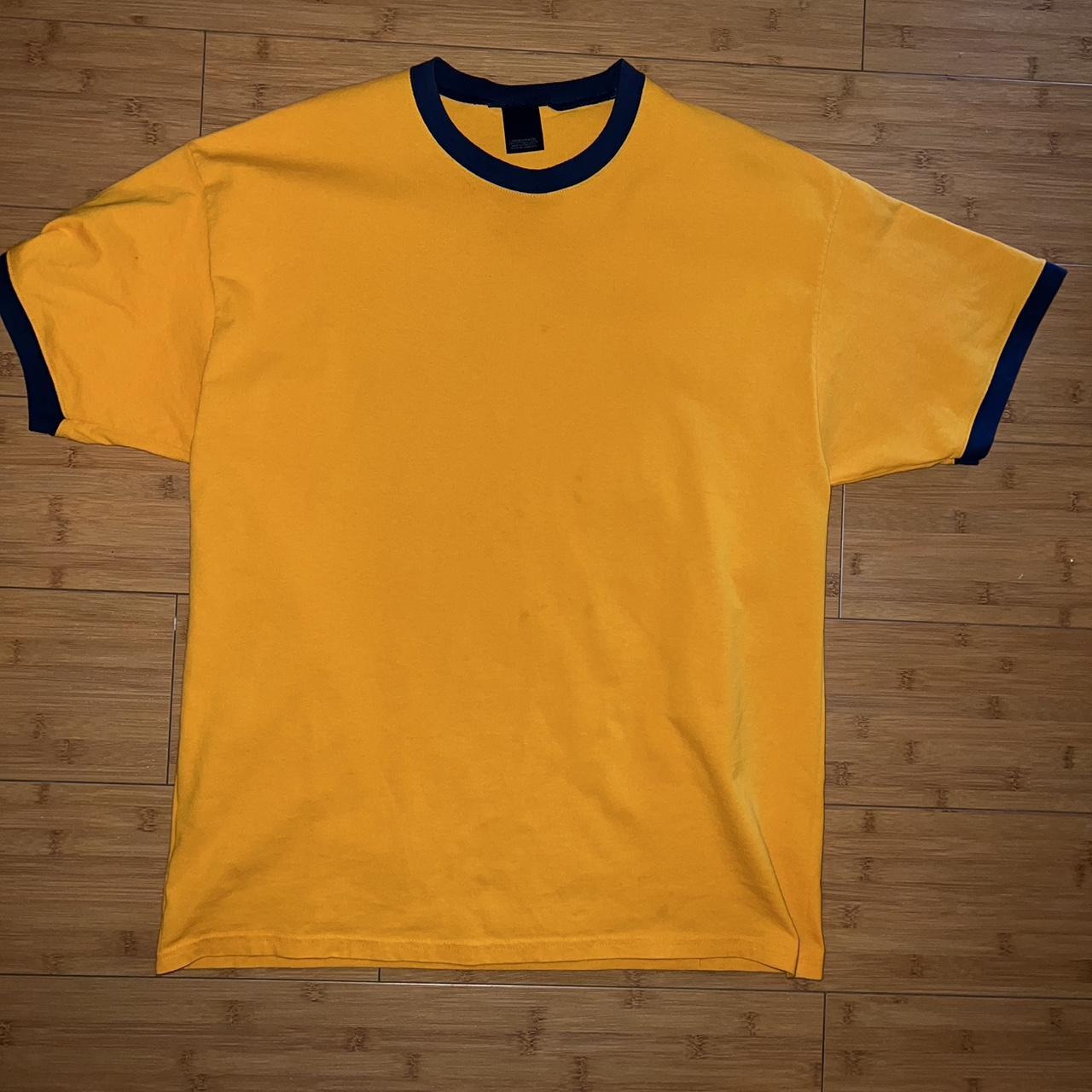 basic yellow w/ navy blue ringer tee fits large - Depop
