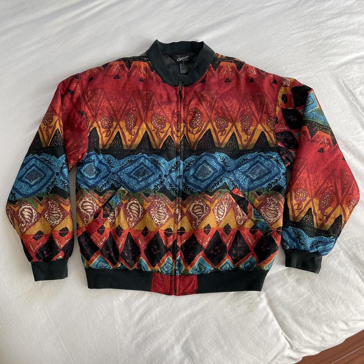 Vintage Options Melrose Multi Abstract Bomber Silk... - Depop