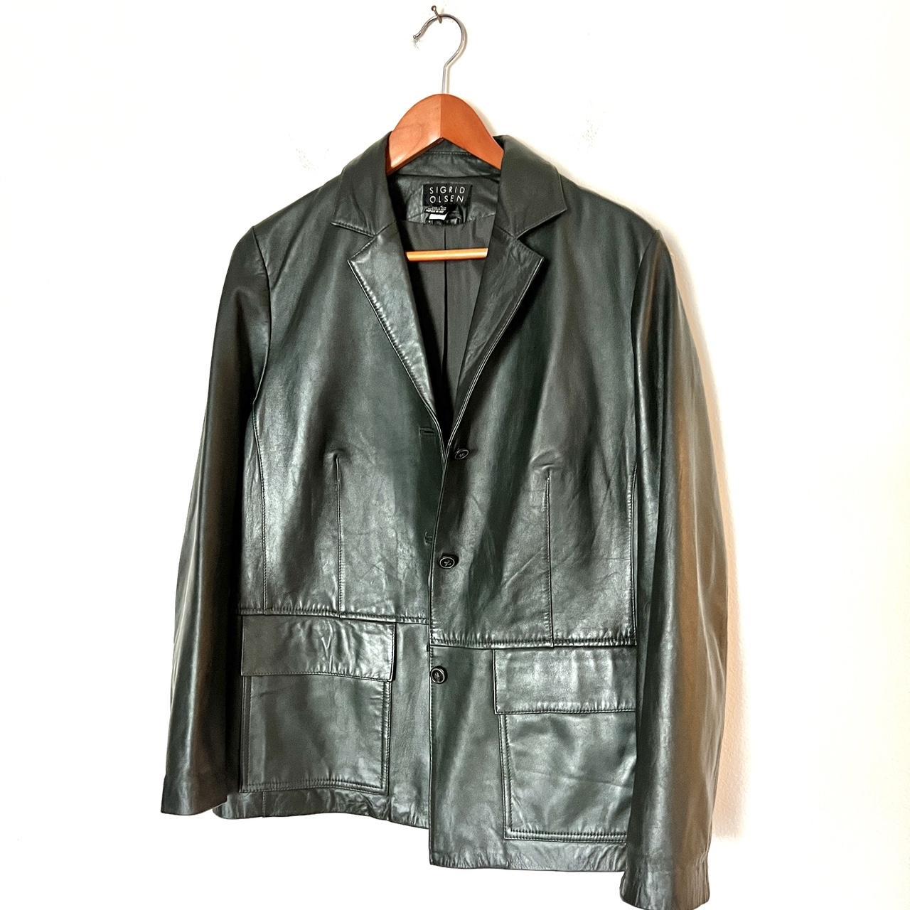 Leather Blazer Dark green, patch pocket Like new,... - Depop
