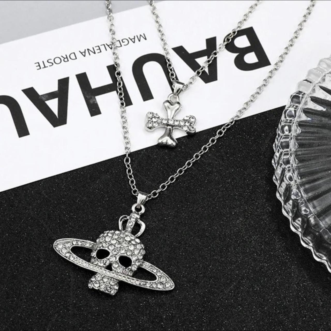 Rhinestone Skull Saturn Necklace ☠️ Grunge... - Depop