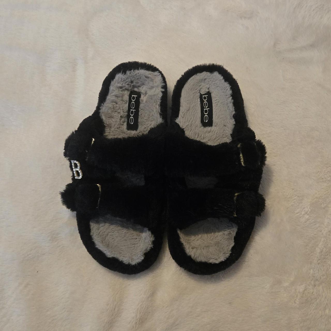 Bebe Black And Gray Fuzzy Sandal Slipper shoes... | Depop