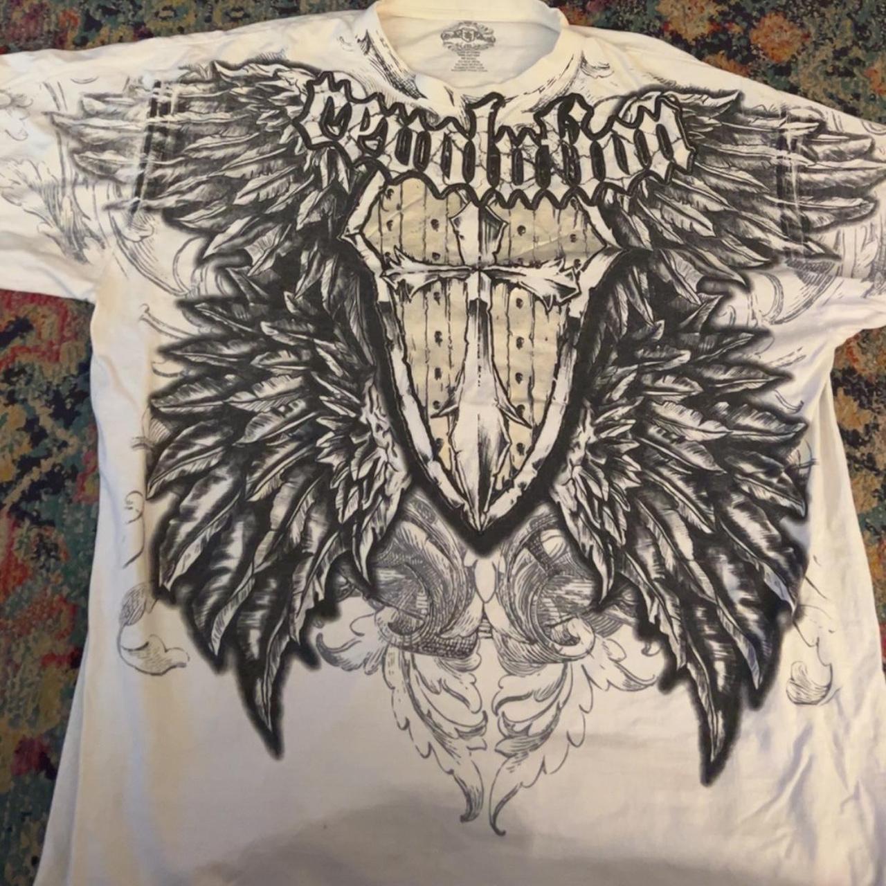 2000s affliction style shirt flaws shown size... - Depop