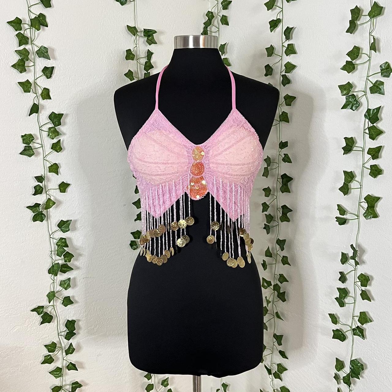 Pink Y2k Sequin Beaded Butterfly Halter Top... - Depop