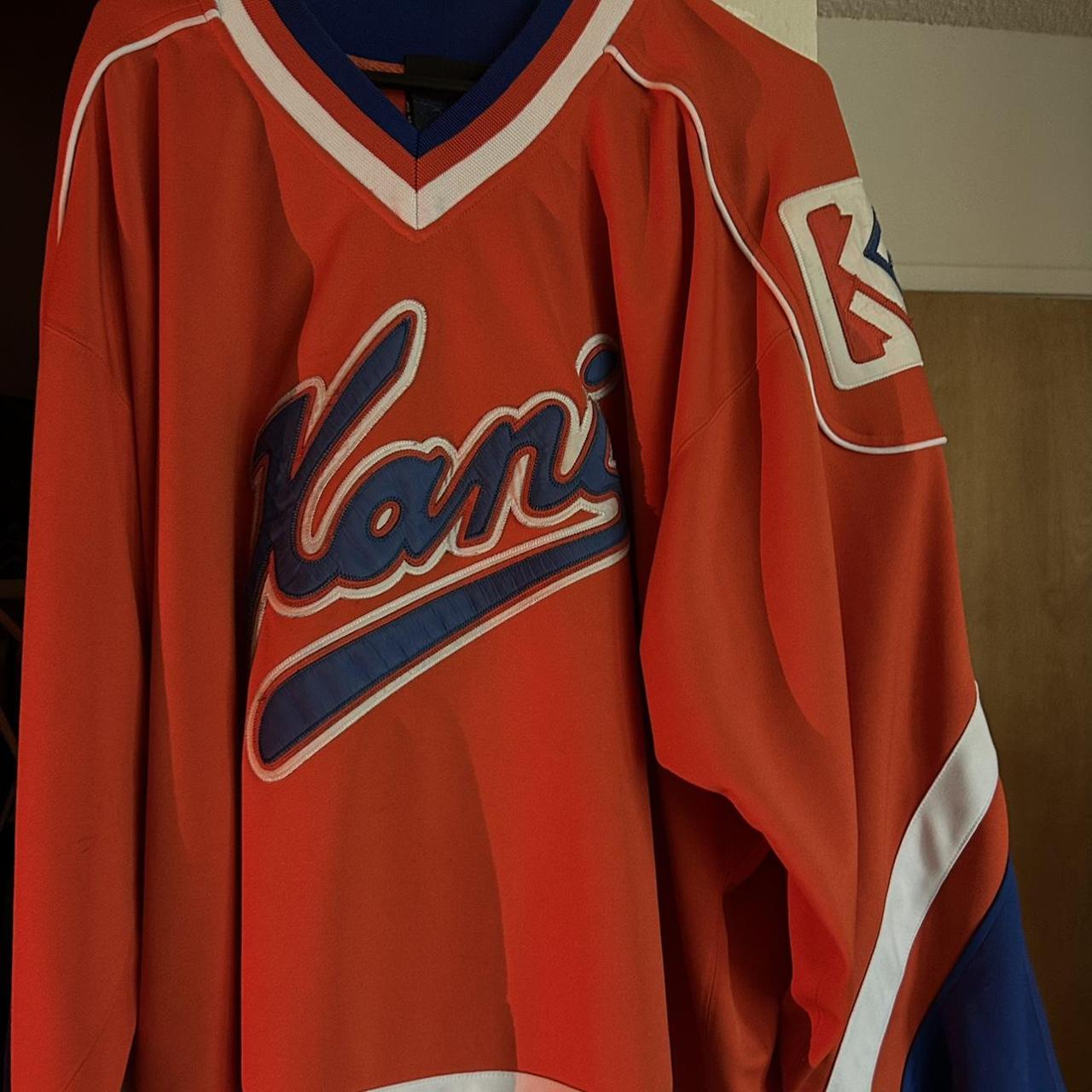 Karl Kani Women's Orange and White Jacket | Depop