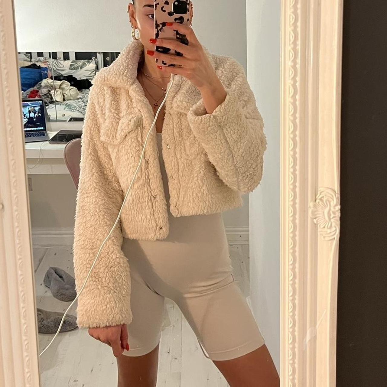 Lasula white fluffy trucker jacket worn few times - Depop