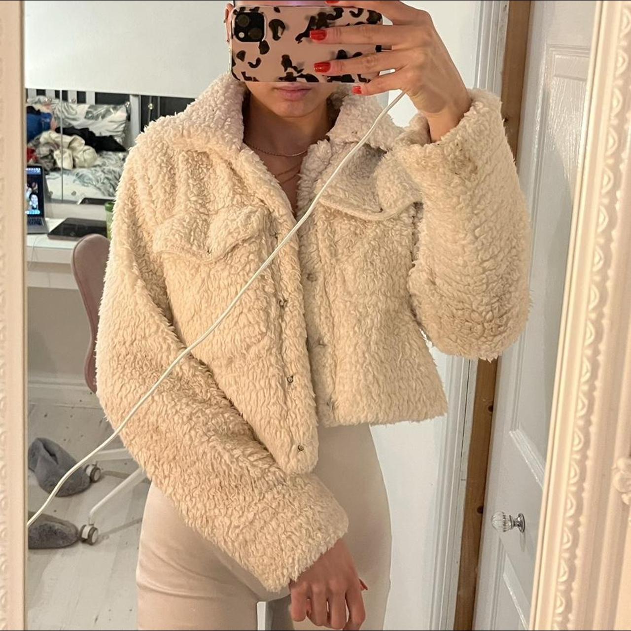 Lasula white fluffy trucker jacket worn few times - Depop