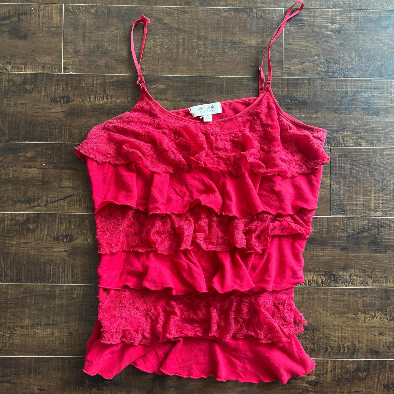 Red y2k ruffled tank top some pilling and light... | Depop