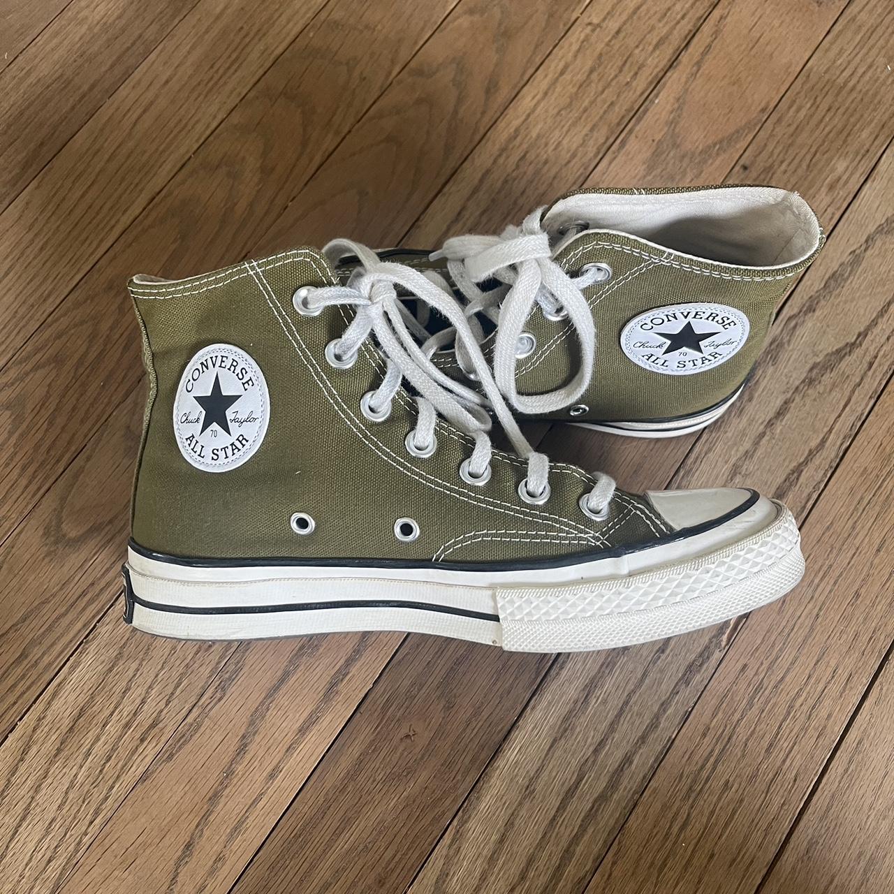 custom green hightop converse in perfect condition... - Depop