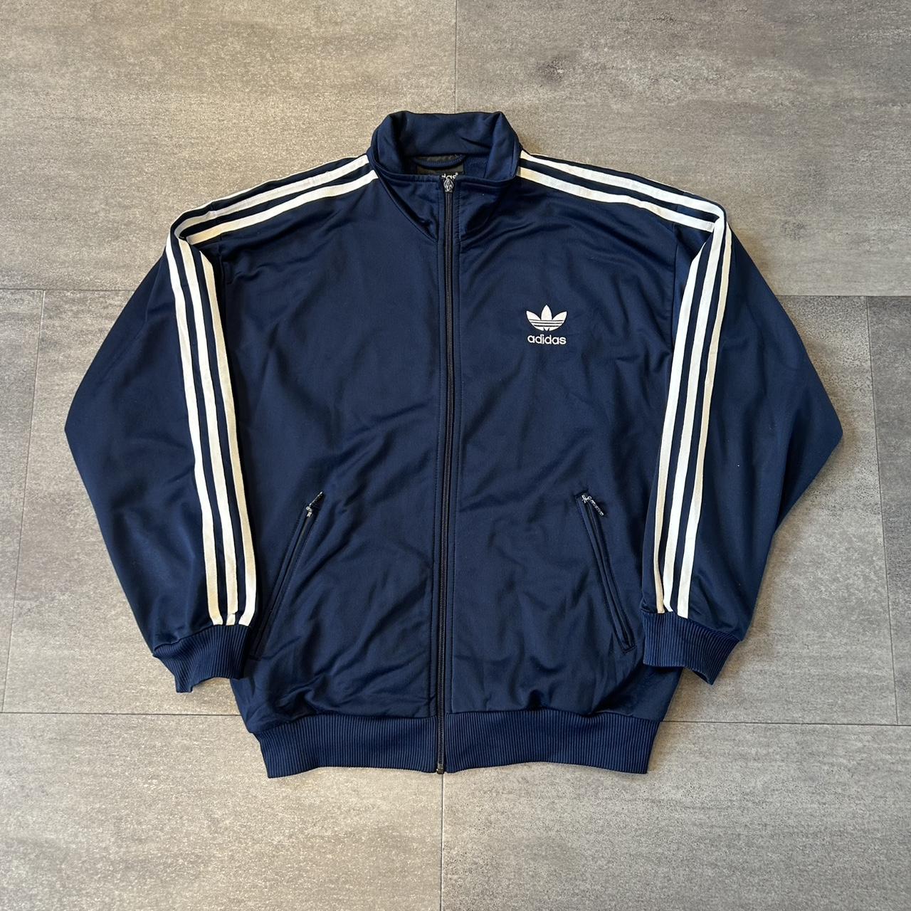 Vintage 90s adidas track jacket Navy and white... - Depop