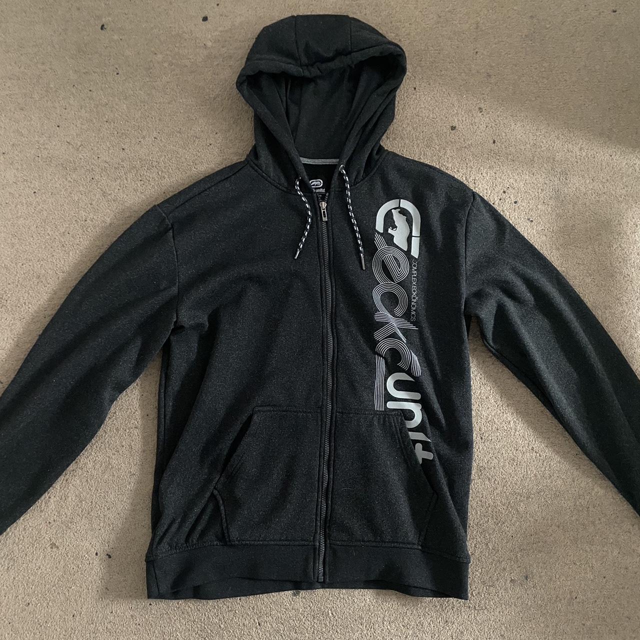 large dark gray ecko unltd zip up hoodie with... - Depop