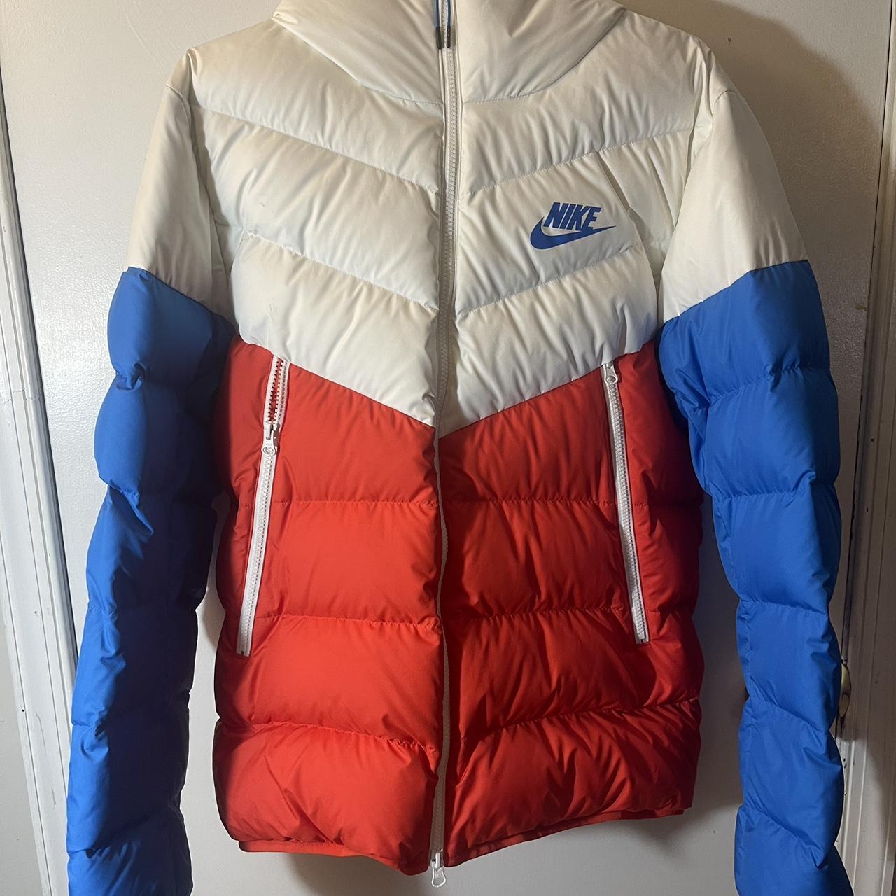 Nike red, white and blue puffer jacket size... - Depop