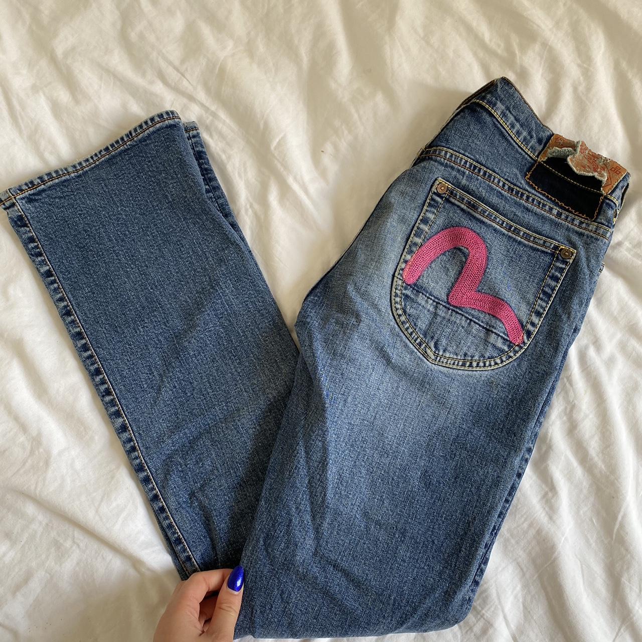 Evisu Pink and Blue Jeans | Depop