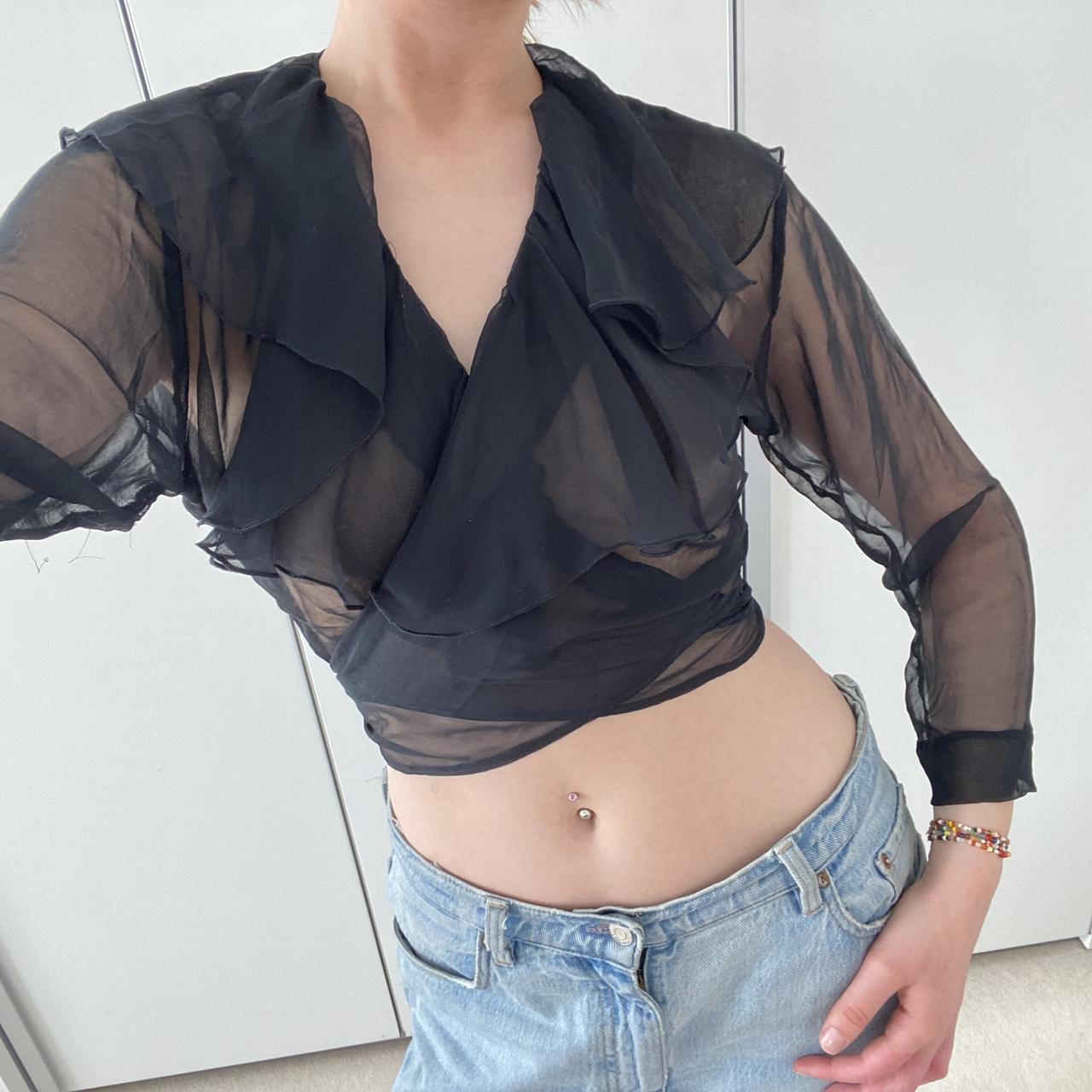 vintage deadstock black sheer ruffle detailing wrap... | Depop