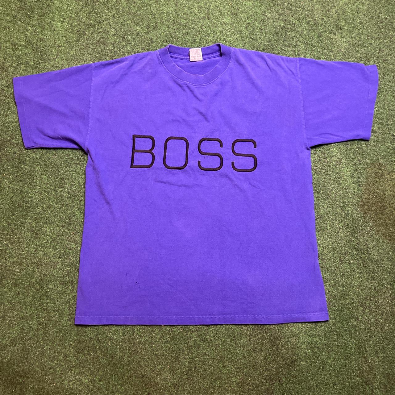 Vintage 90s single stitch purple Boss embroidered tee - Depop