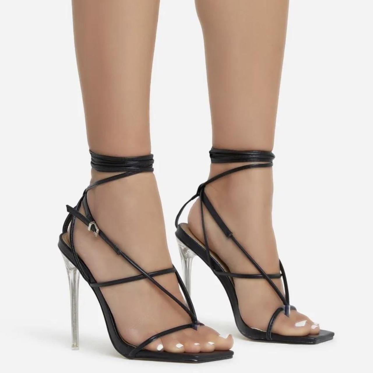 EGO square toe lace up black heels with clear heel... - Depop