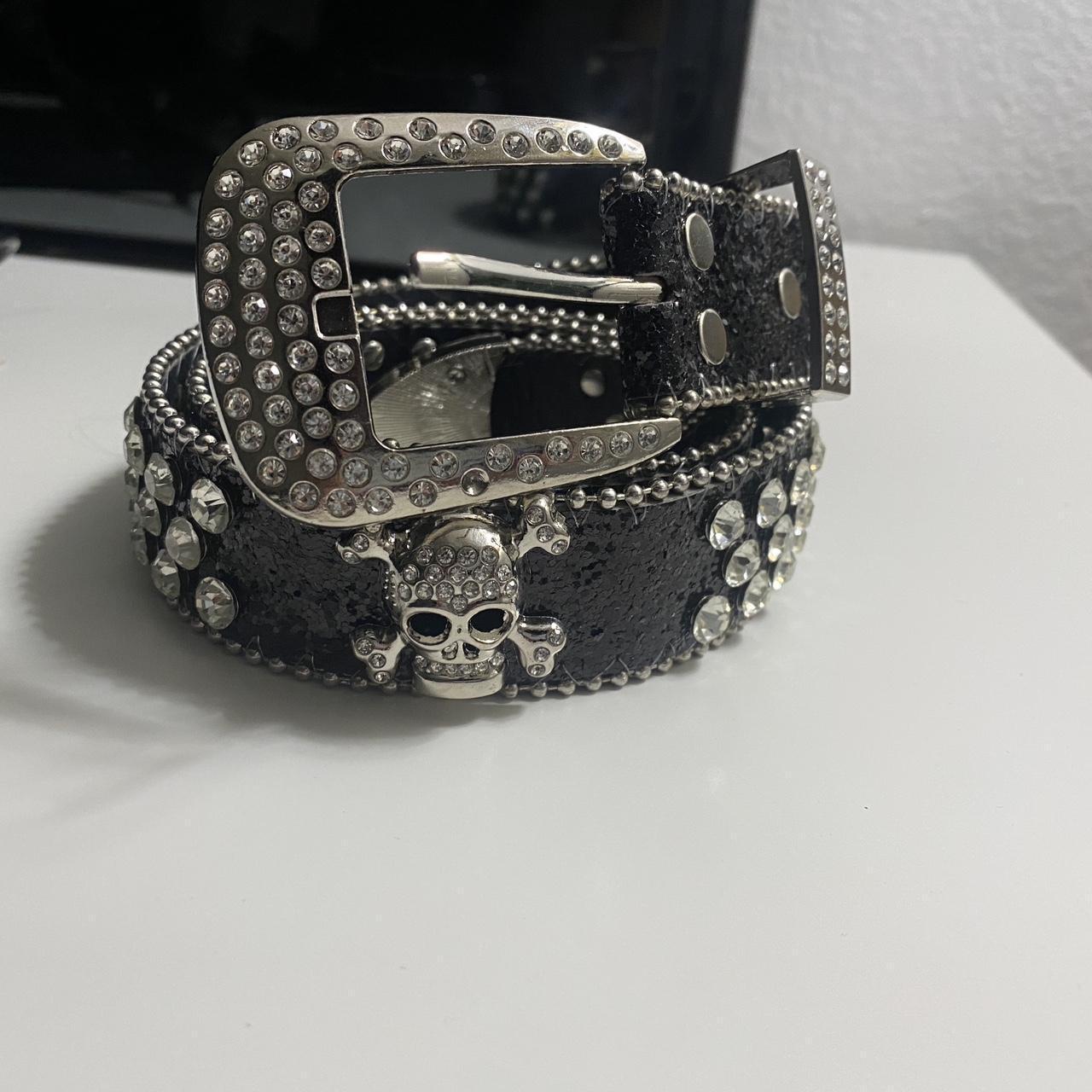 y2k style iced out bust down rhine stone skull belt... - Depop