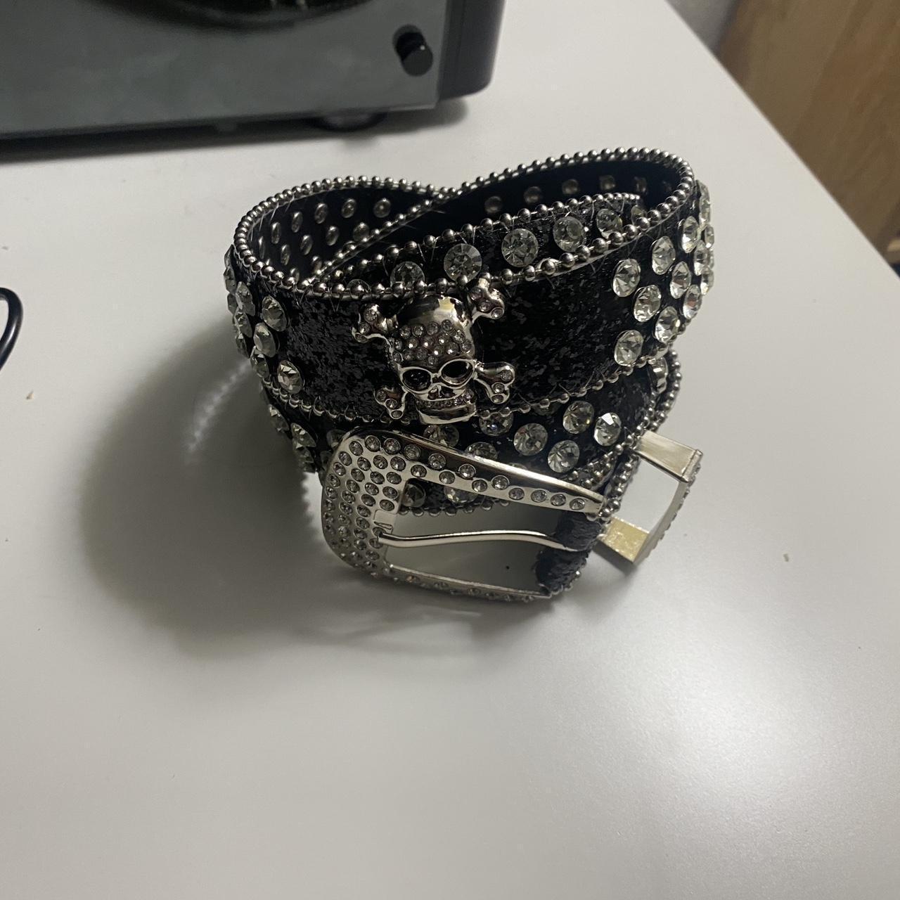 y2k style iced out bust down rhine stone skull belt... - Depop