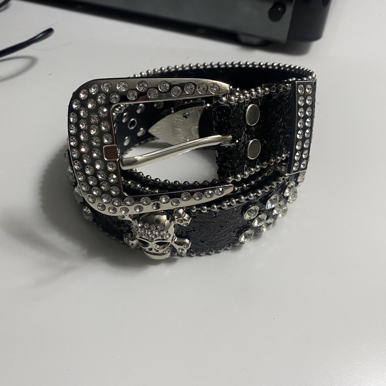y2k style iced out bust down rhine stone skull belt... - Depop