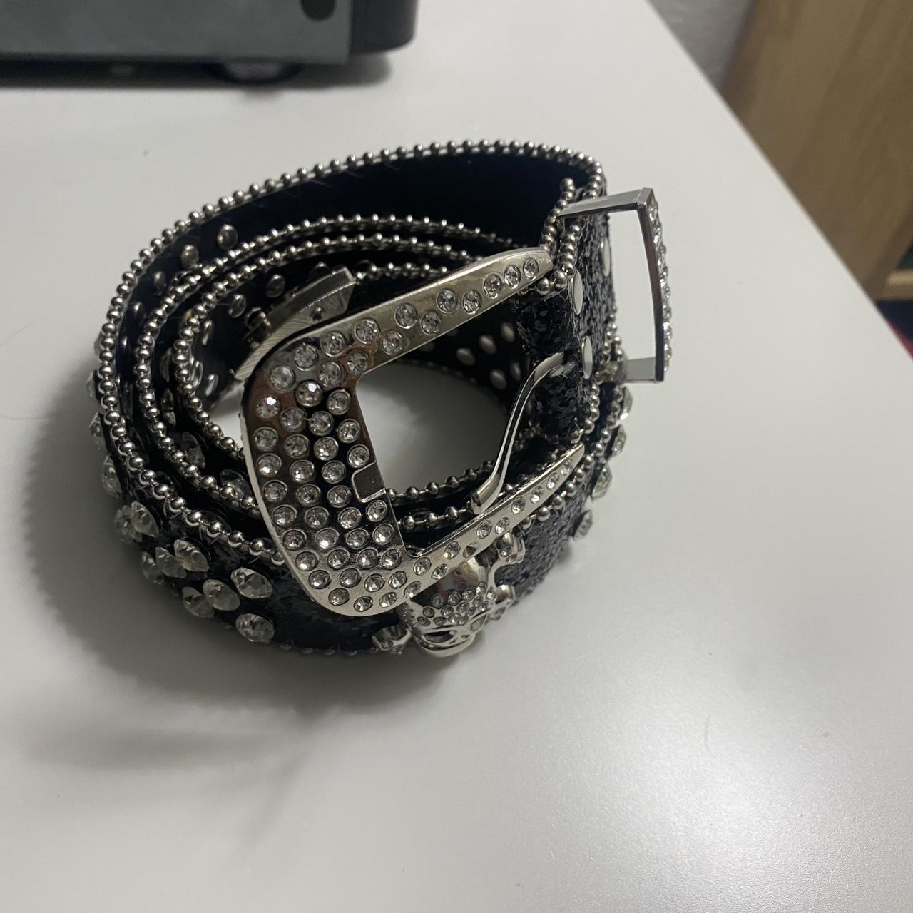 y2k style iced out bust down rhine stone skull belt... - Depop