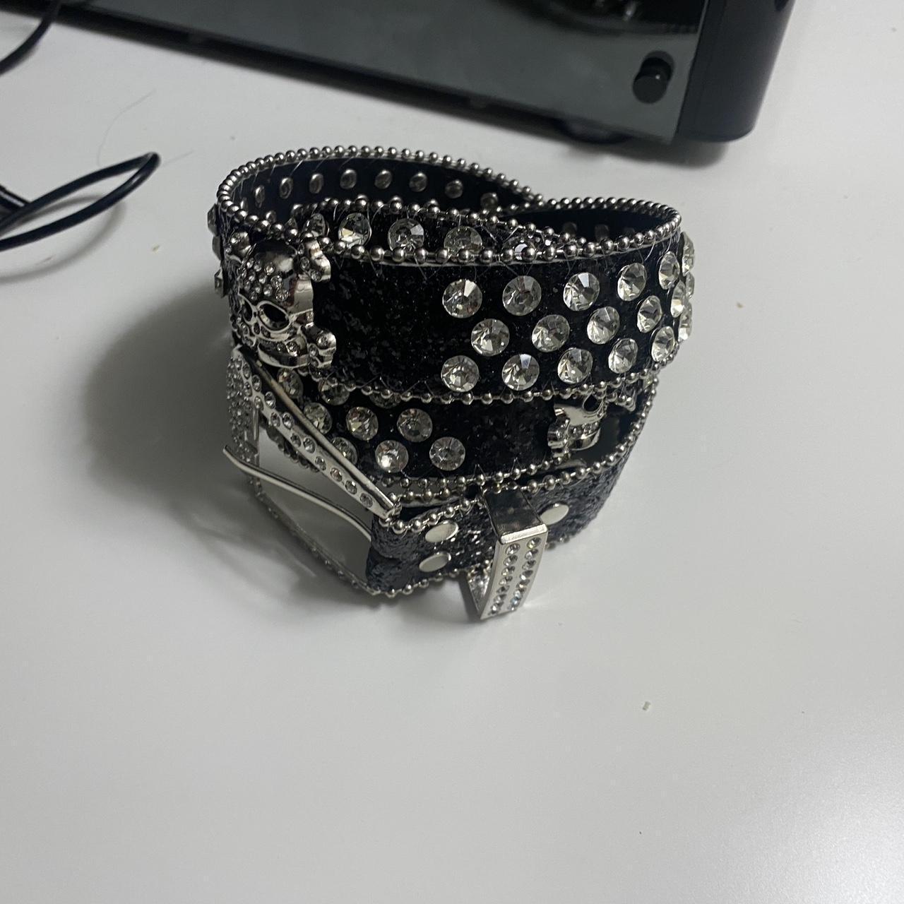 y2k style iced out bust down rhine stone skull belt... - Depop