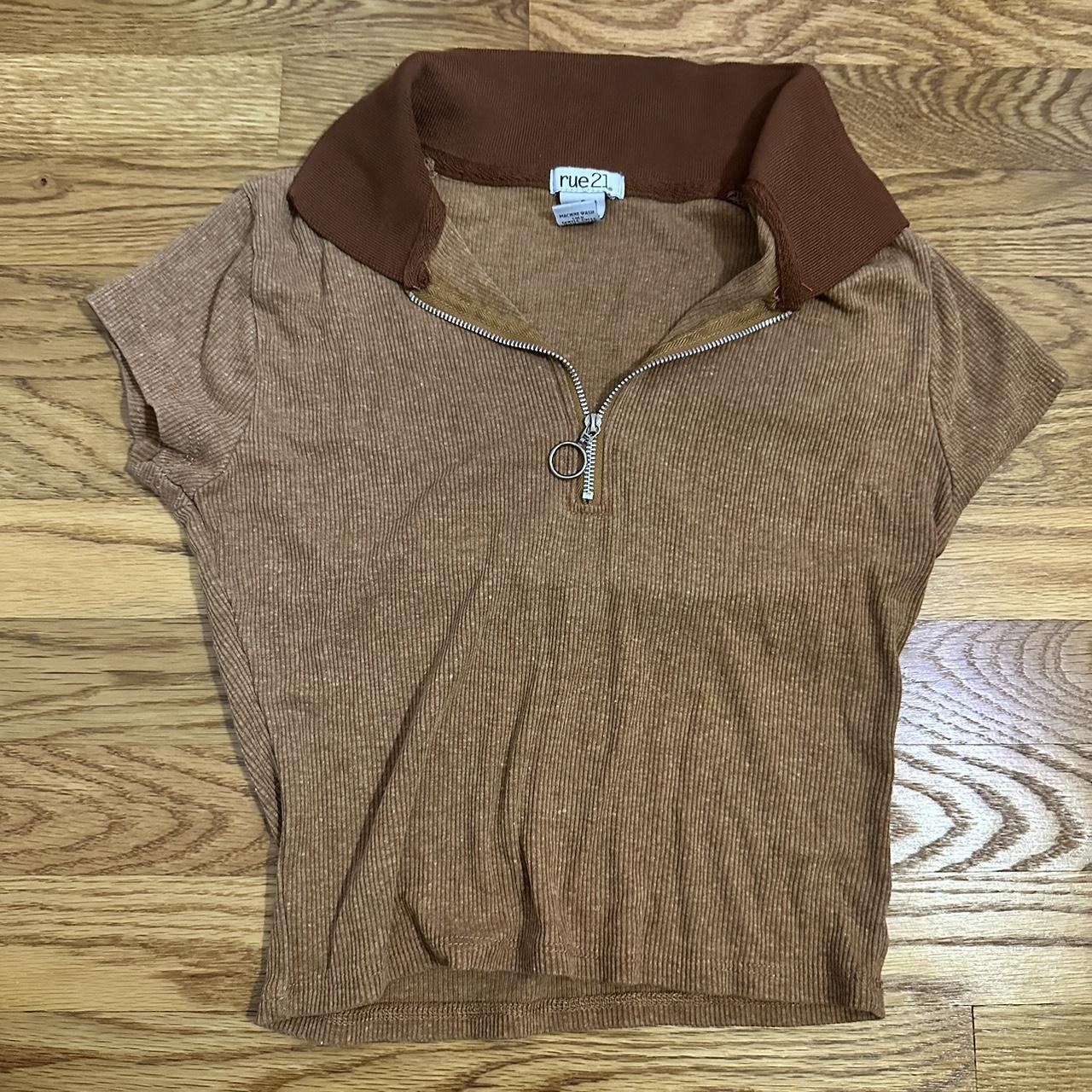 rue 21 zip up collared shirt, light and dark brown!... - Depop