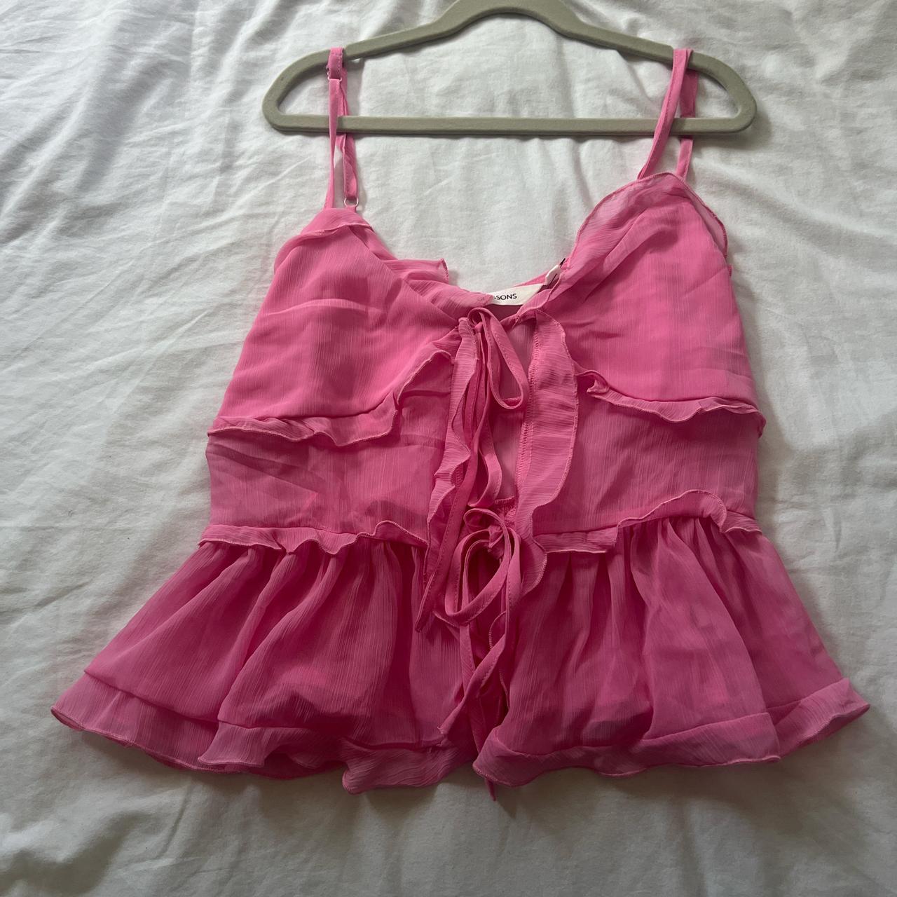 Pink ruffled tank top with adjustable straps... | Depop