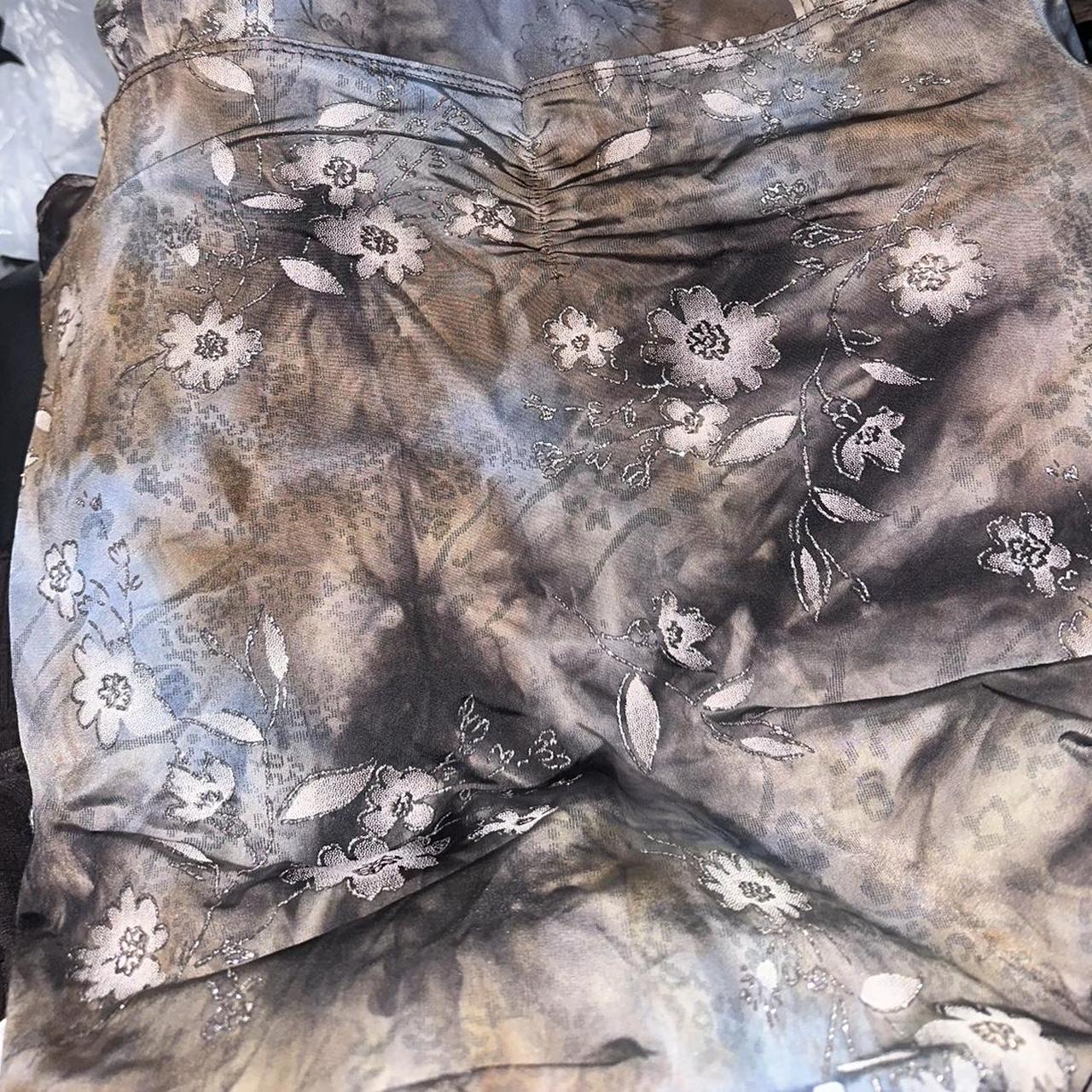 Y2k brown and blue floral print top with a square... - Depop