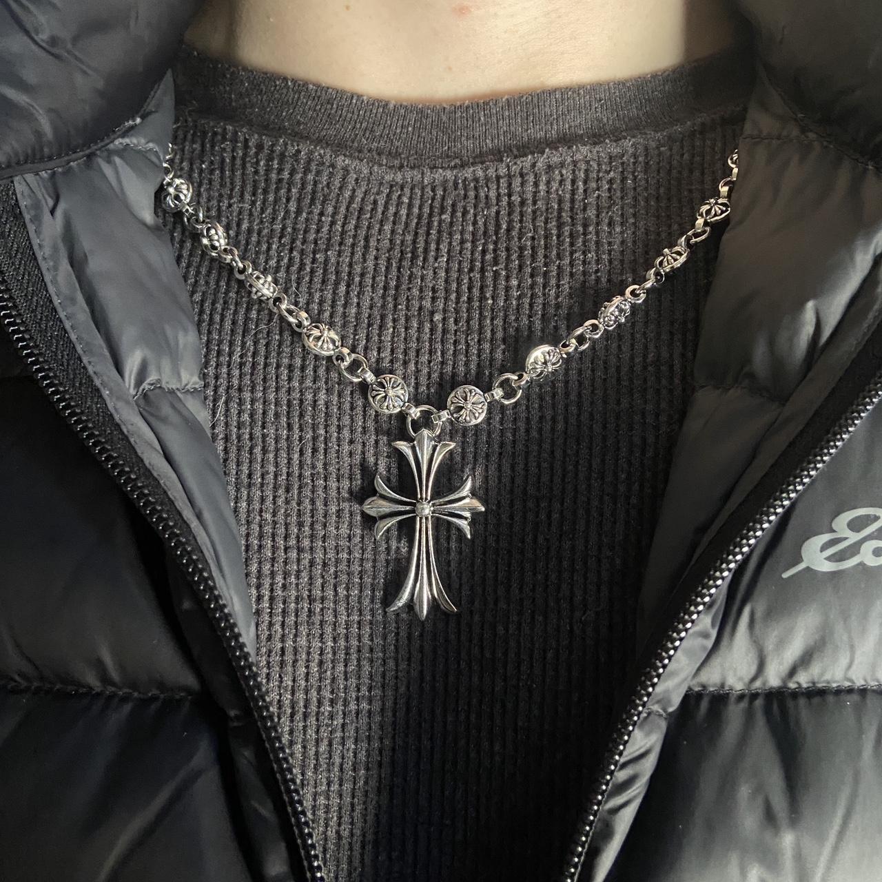 y2k silver edgy cross pendant heavy chain necklace... - Depop