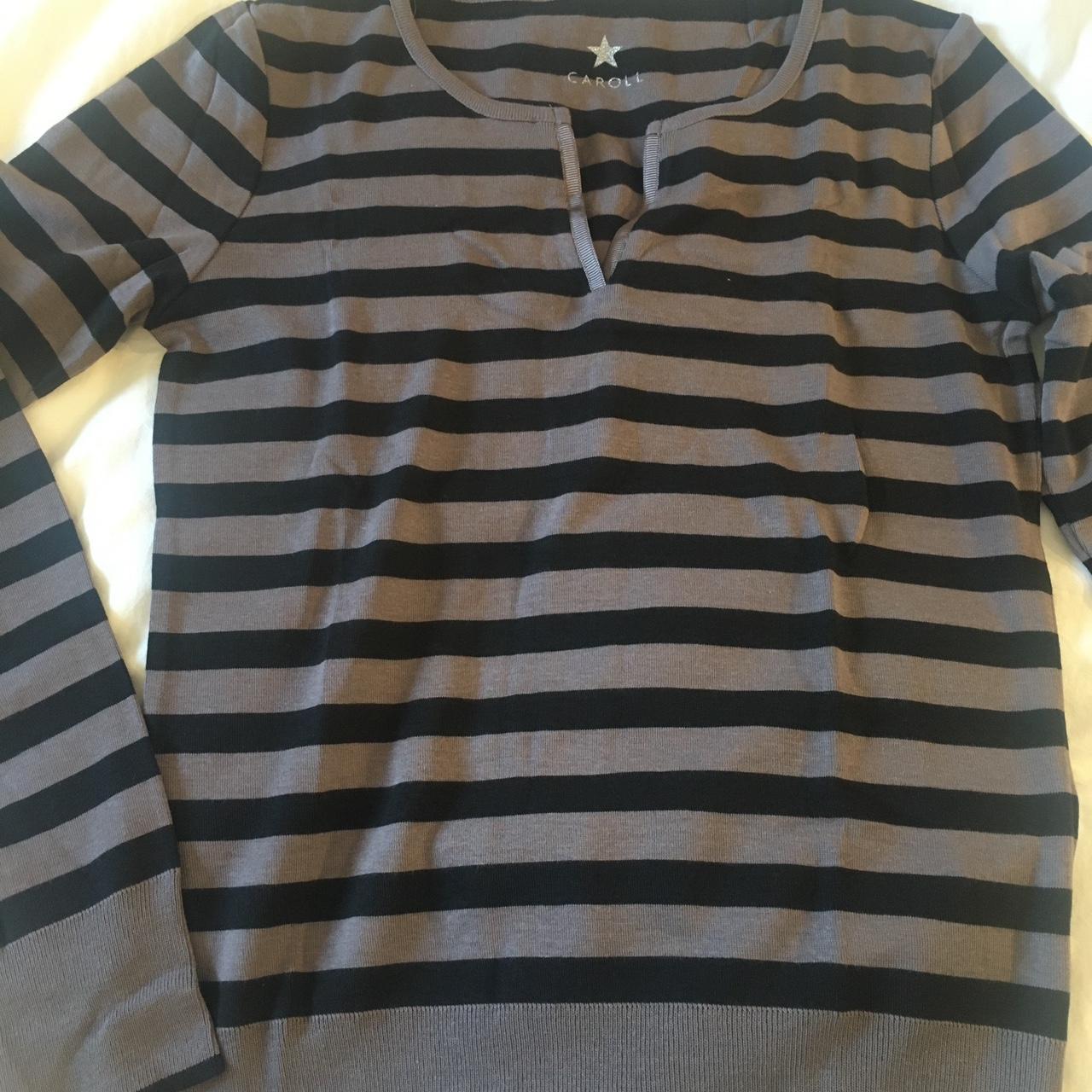 Caroll Paris purplish grey and black striped long... | Depop
