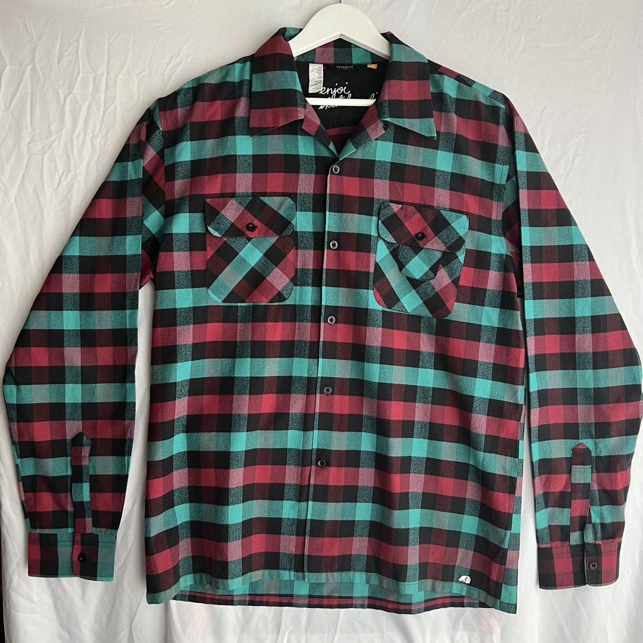 Enjoi Skateboarding Dark Red Black and Teal Flannel... - Depop