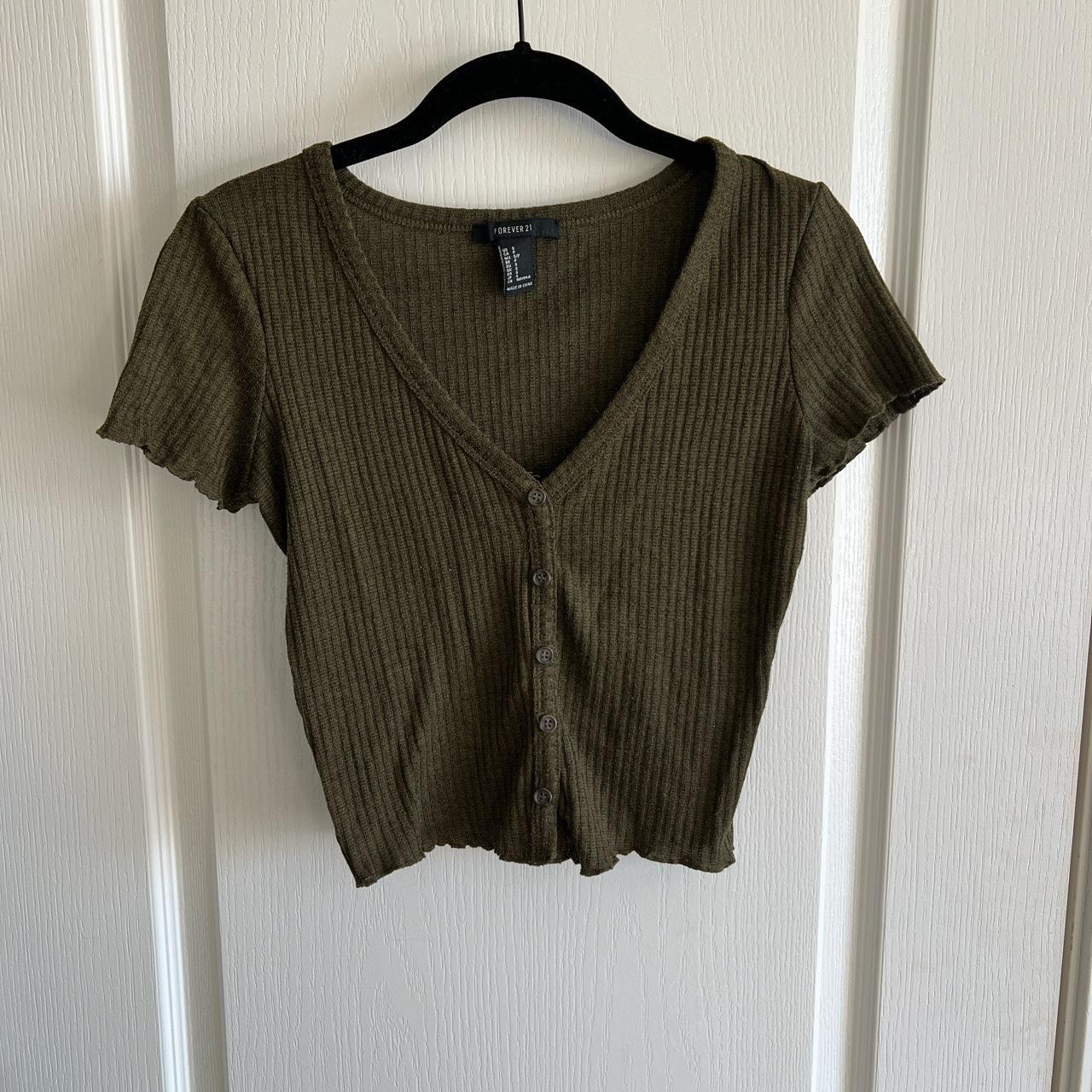 Olive green button top with lettuce sleeve detailing - Depop
