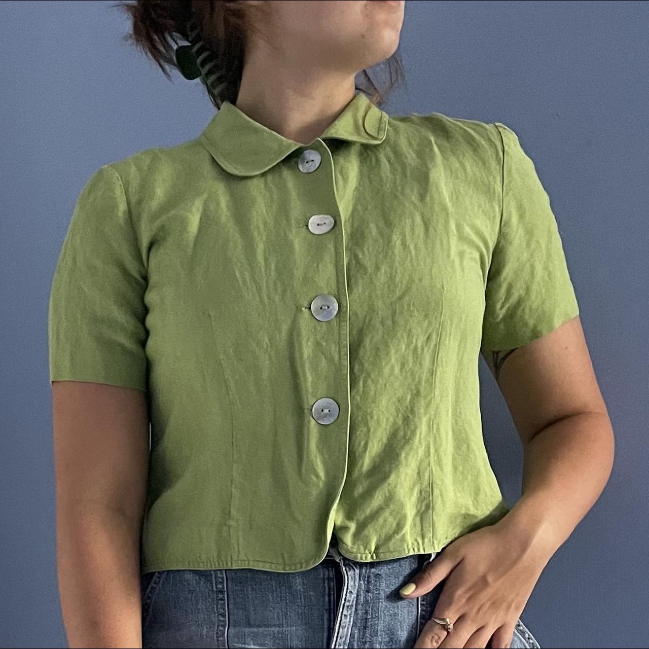 Cute button up top, spring green with unique... - Depop