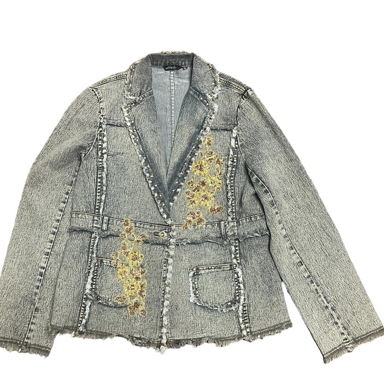 KAITY Denim Shag Edge Embellished 1-Button Jacket XL... - Depop