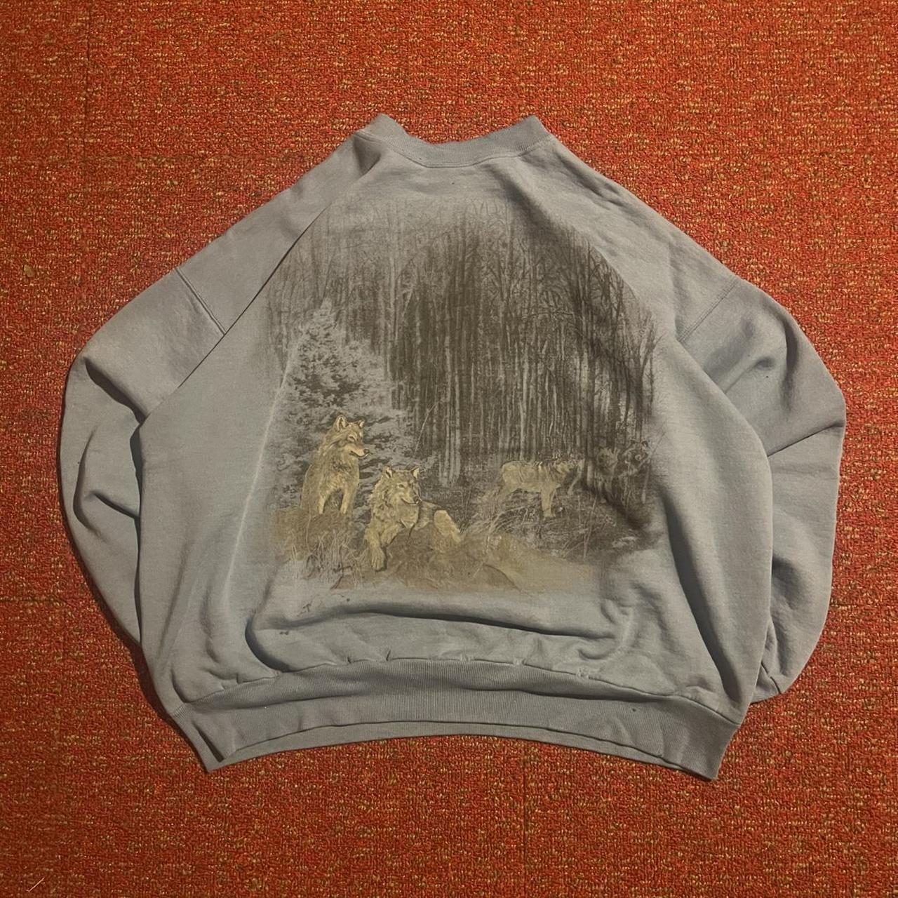 90s light blue wolf crewneck (says xl but fits like... | Depop