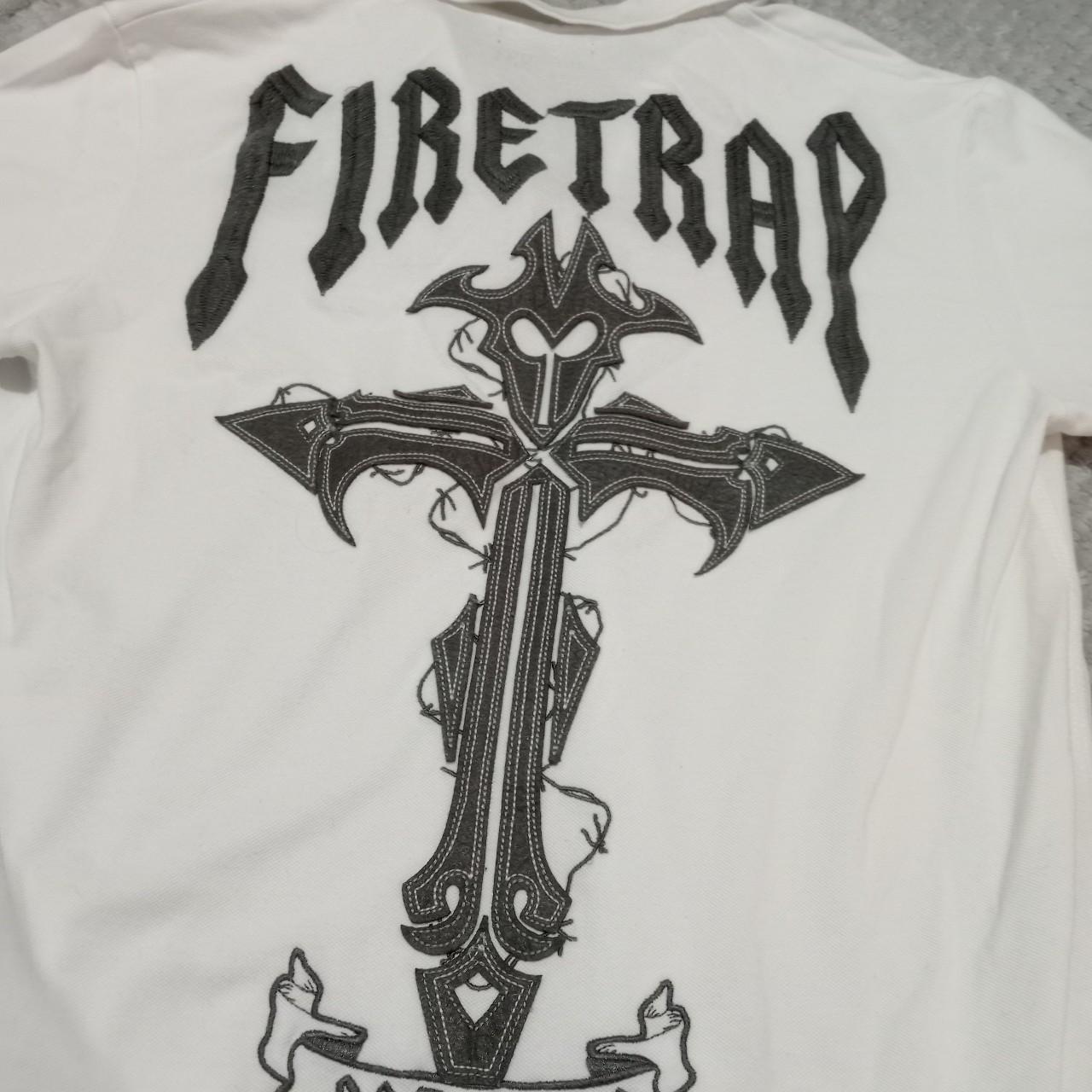 Y2k firetrap white and grey embroidered gothic cross... - Depop