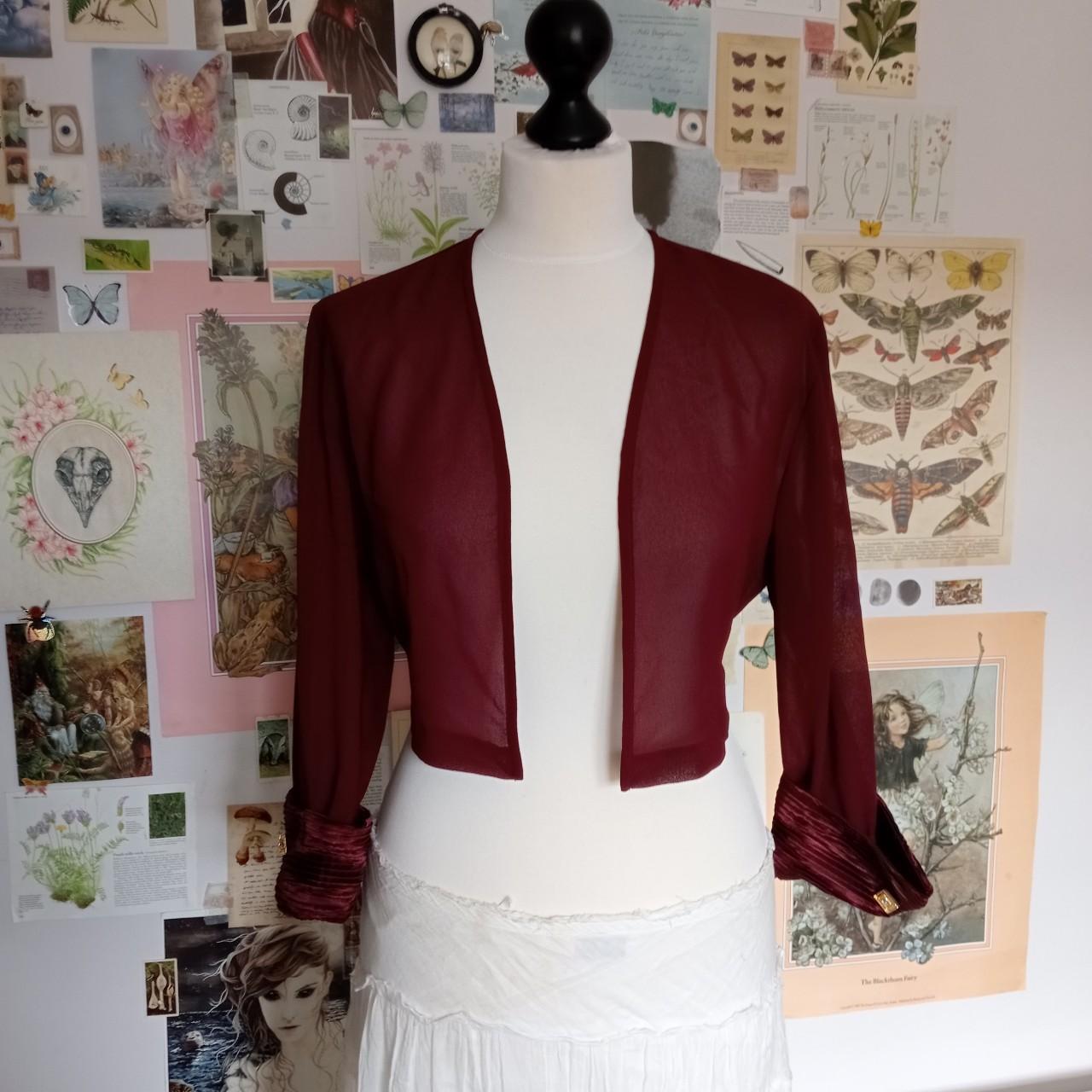 Burgundy red sheer open front bolero shrug cardigan... - Depop