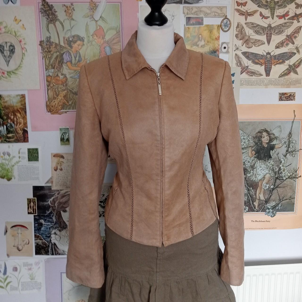 Y2k / 90s next beige brown fitted Moto style zip up... - Depop