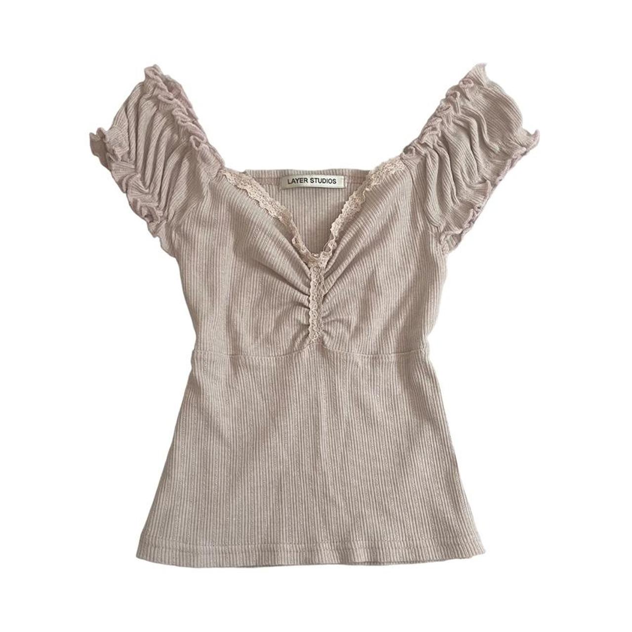 dusty pink ruffle top measurements pit to pit... - Depop