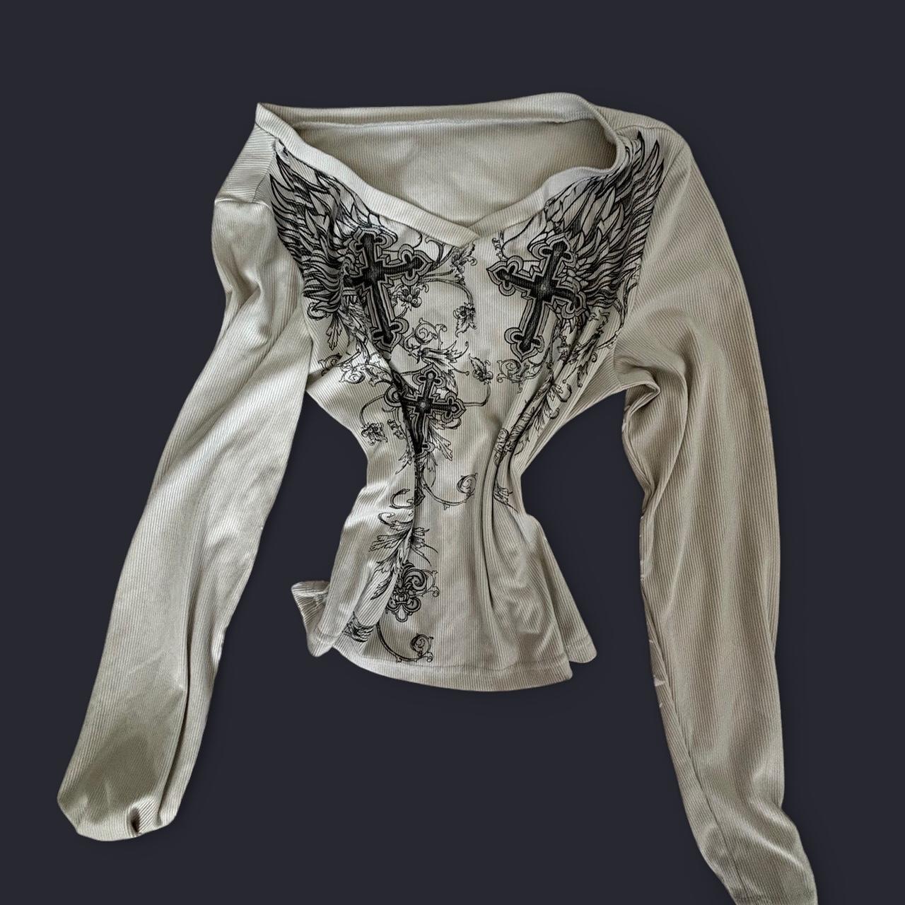 White affliction long sleeve top with black crosses... | Depop