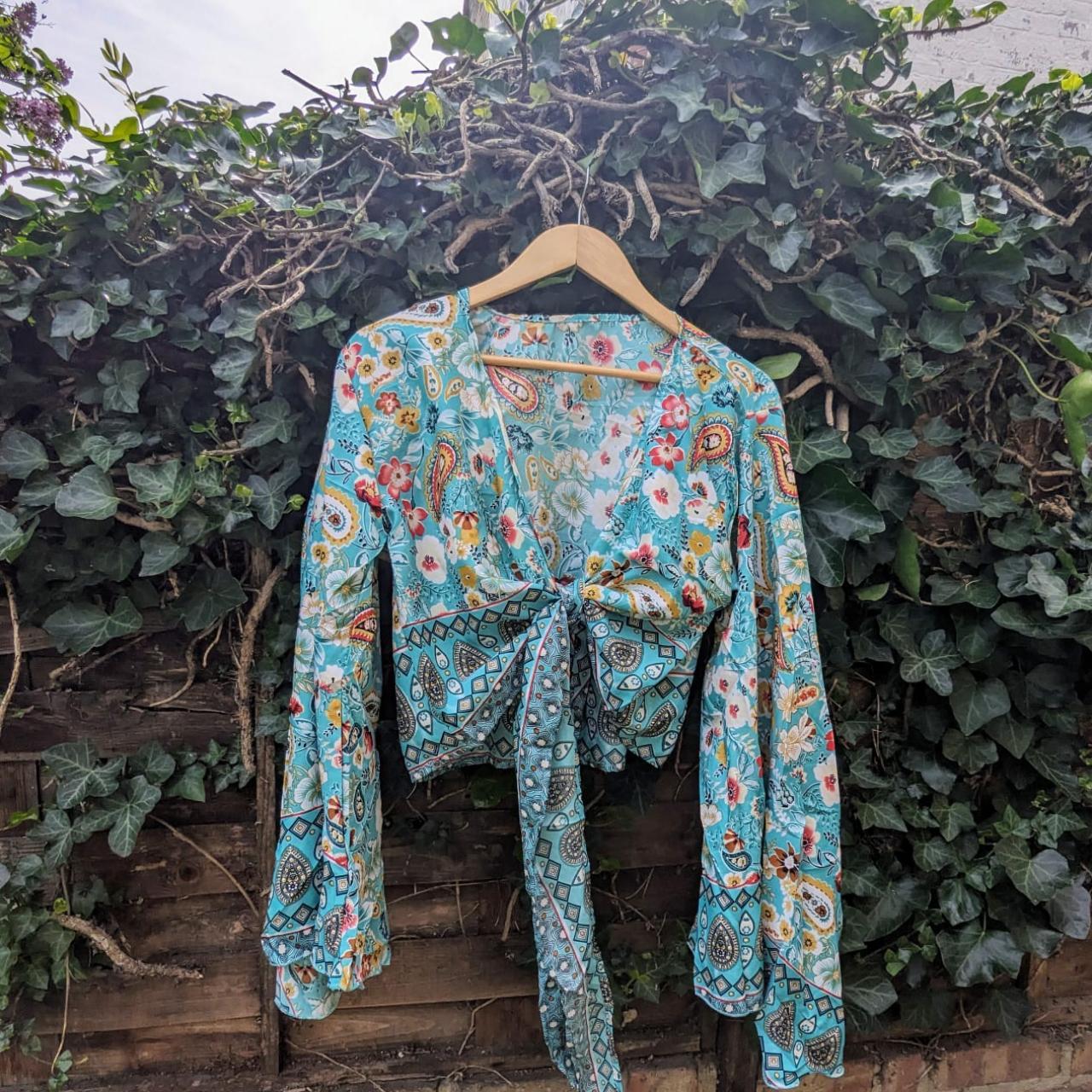 Blue green silk wrap top crop top with gorgeous... - Depop